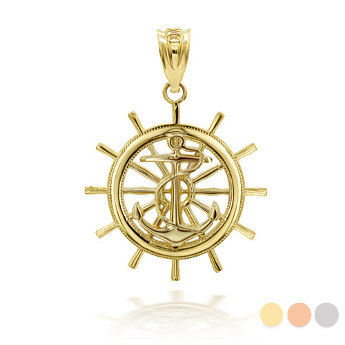Gold Ship Wheel Helm Anchor Roped 3D Charm Necklace (Available in ...