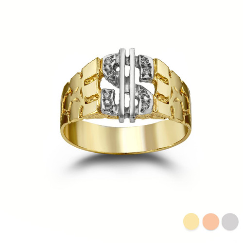 Two-Tone Gold Diamond Dollar Sign Money Nugget Ring | Factory Direct ...