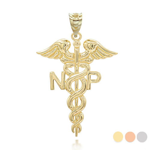 Gold Nurse Practitioner NP Caduceus Pendant Necklace