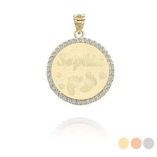 Gold Personalized New Born Baby Feet with Diamonds Pendant Necklace