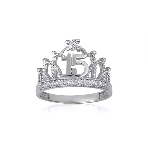 .925 Sterling Silver Cubic Zirconia Crown 15 Años Quinceañera Ring ...