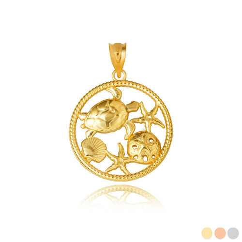 Gold Sea Shell Turtle & Starfish Marine Life Rope Pendant Necklace ...