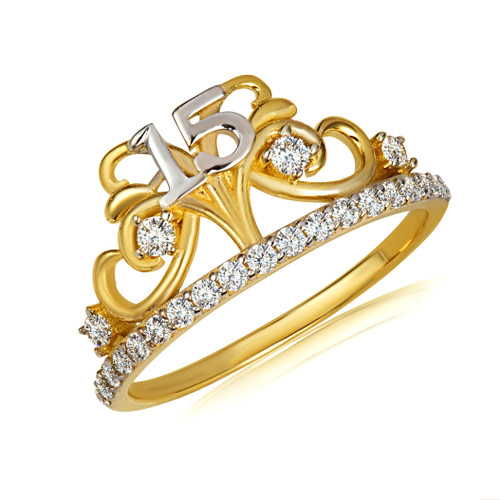 Two-Tone Gold Studded Filigree Crown 15 Años Quinceañera Ring | Factory ...