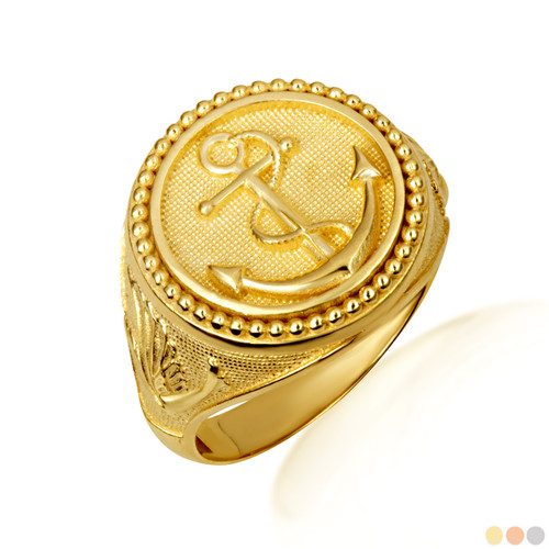 Gold Nautical Anchor Rope Beaded Dove Signet Ring | Factory Direct Jewelry