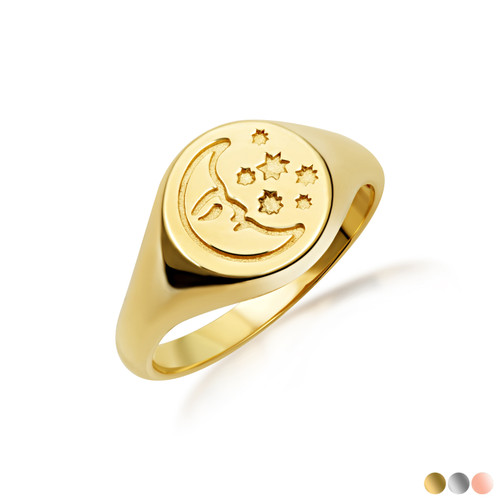Gold Smiling Moon Face Celestial Signet Ring | Factory Direct Jewelry