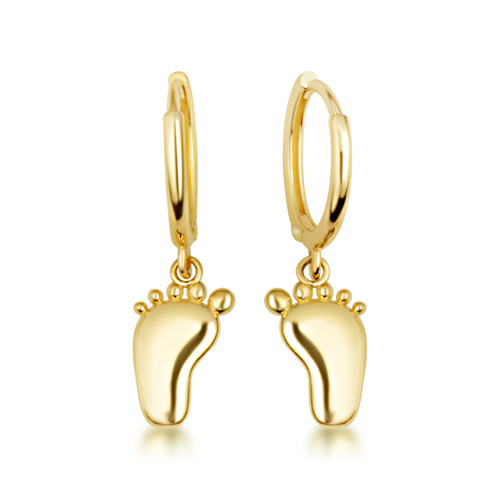 Yellow Gold Baby Foot Print Huggie Hoop Drop Earrings | Factory Direct ...