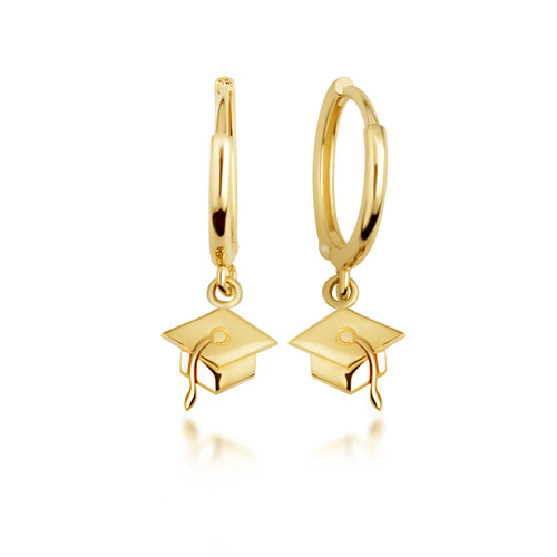 Yellow Gold Graduation Cap Drop Huggie Hoop Earrings | Factory Direct ...