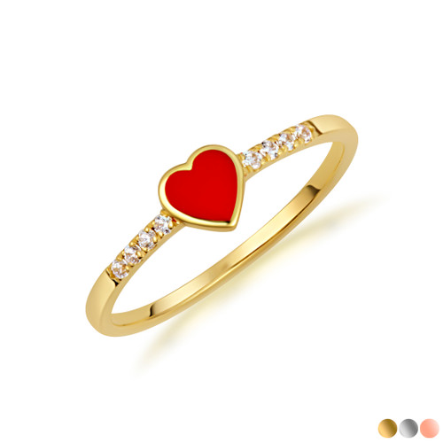 Gold Red Enamel Heart Lab Grown Diamond Ring | Factory Direct Jewelry