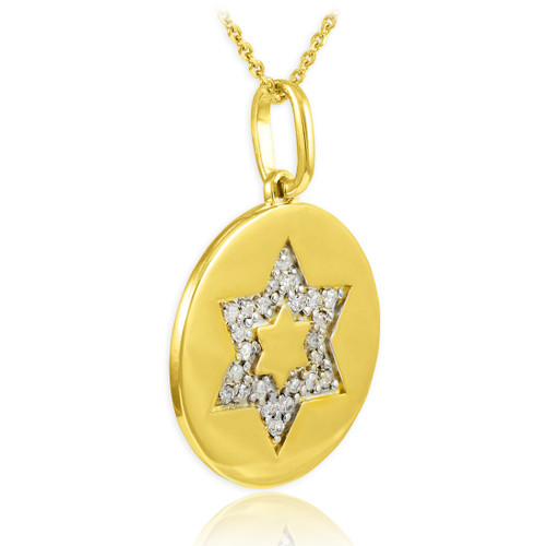 14K Polished Gold Jewish Star of David Diamond Medallion Pendant Necklace
