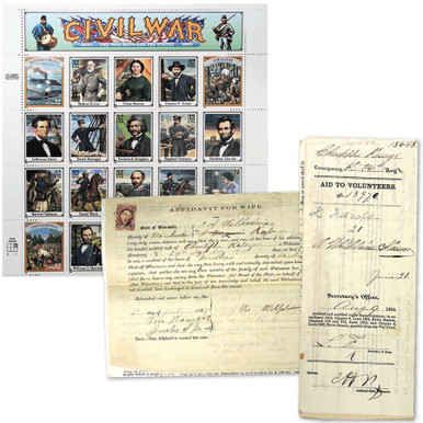 1995 Civil War Stamp Sheet & Civil War Aid to Volunteers Document ...
