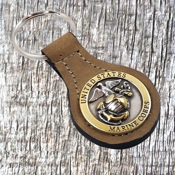 Military Key Fob US Marine Corps Brown Leather - Texas Uniques Store