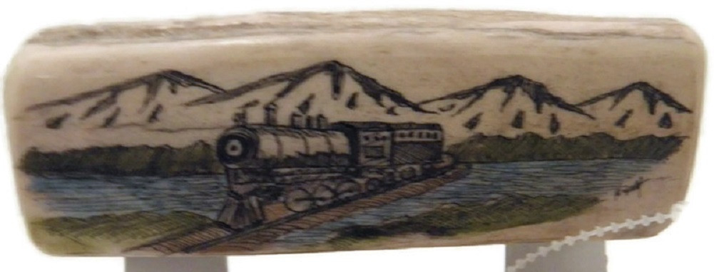 Alaskan Moose Antler Handled Ulu w/ Locomotive Scrimshaw and Antler ...