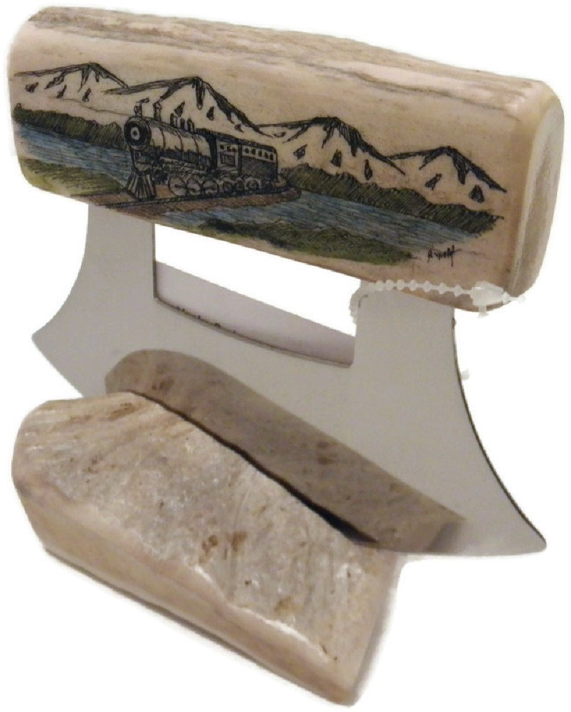 Alaskan Moose Antler Handled Ulu w/ Locomotive Scrimshaw and Antler ...