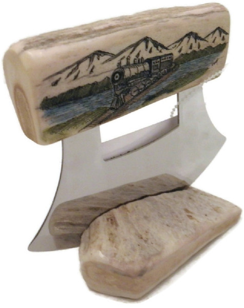Alaskan Moose Antler Handled Ulu w/ Locomotive Scrimshaw and Antler ...