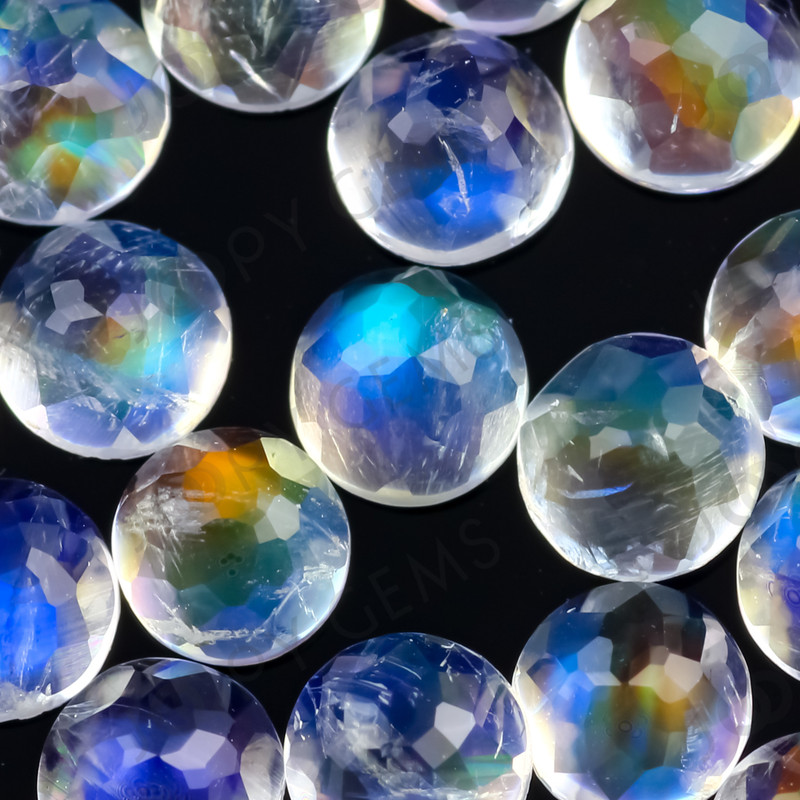 Rainbow Moonstone Rose Cut Cabochon 4mm Round - AA grade - Joopy Gems