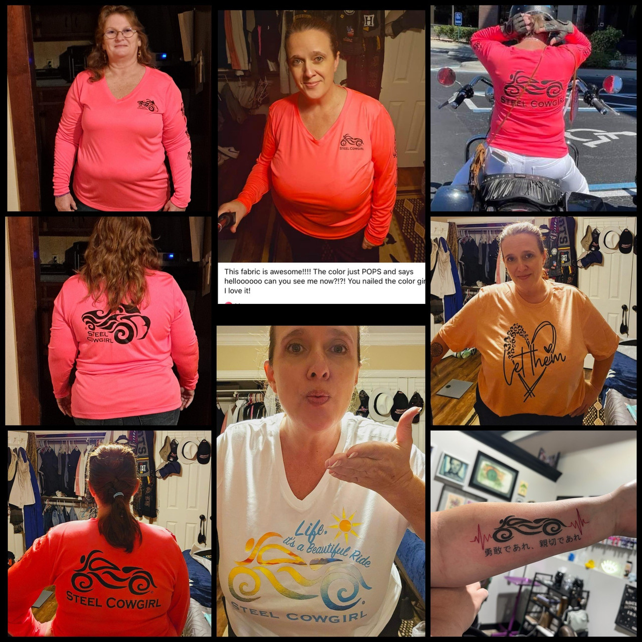 Bright Coral Long Sleeve Wicking Steel Cowgirl Motorcycle Shirt