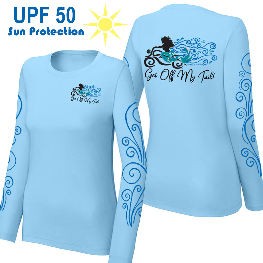 UPF 50 Get Off My Tail Motorcycle Mermaid Sun Protection Lt Blue Shirt