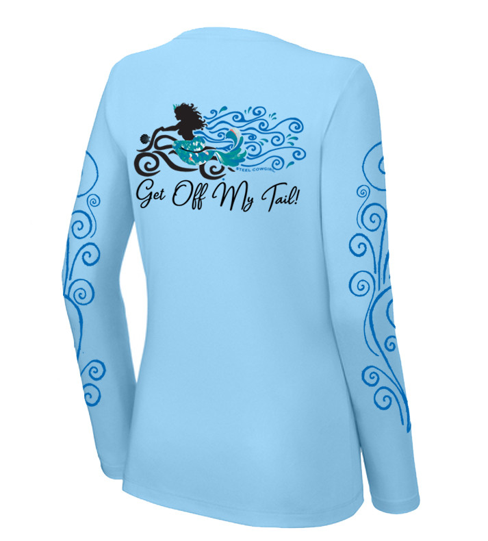 UPF 50 Get Off My Tail Motorcycle Mermaid Sun Protection Lt Blue Shirt