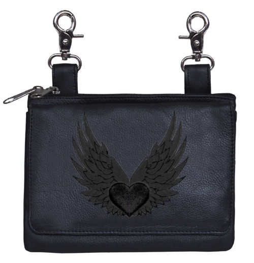 Reflective Embroidered Winged Heart Genuine Leather hip clip bag