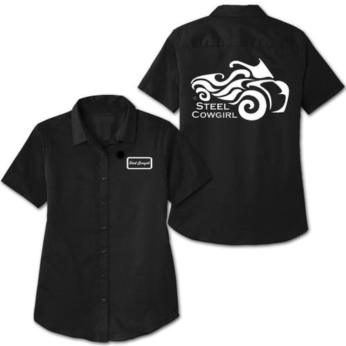 Steel Cowgirl Two Front Wheels Graphic Black Motorcycle Workshirt