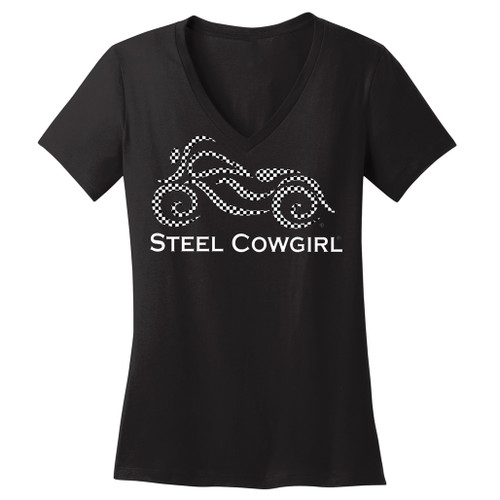 Checkered Motorcycle Short Sleeve V-Neck T-Shirt