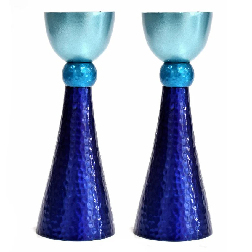 Blue Hammered Design Candlesticks – Elegant Judaica for Shabbat & Festivals