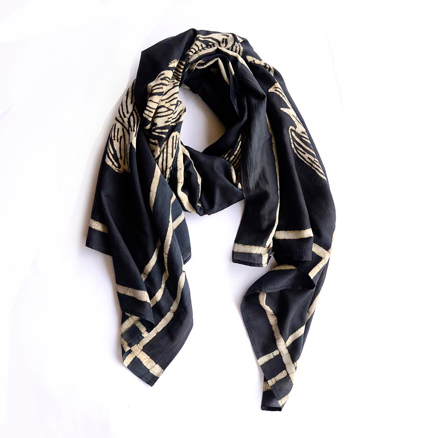 Buy Large Black Leaf Block Print Scarf - Jungle | ichcha