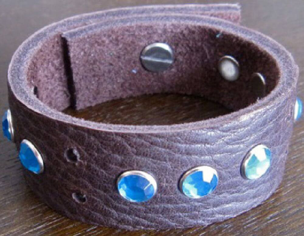 Leather Bracelet - Brown Leather Cuff with Large Blue Crystals | Rocker ...