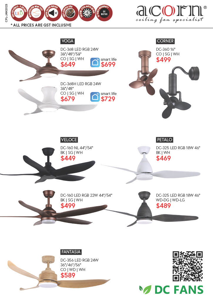 2023 Pricing for Acorn Ceiling Fans - Sembawang Lighting House Pte Ltd