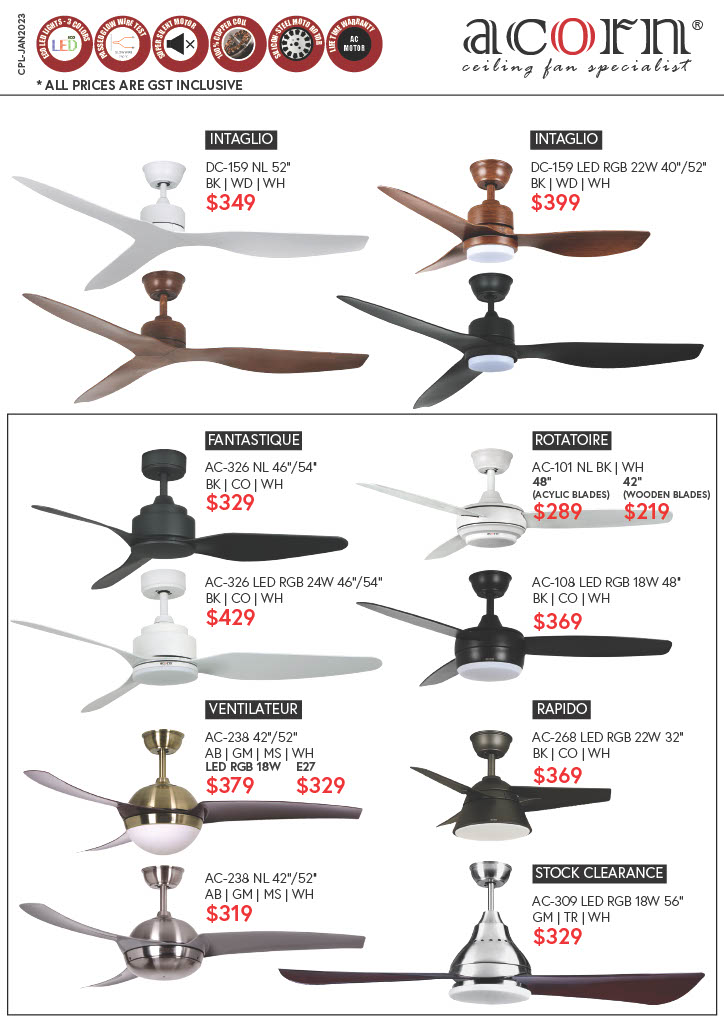 2023 Pricing for Acorn Ceiling Fans - Sembawang Lighting House Pte Ltd