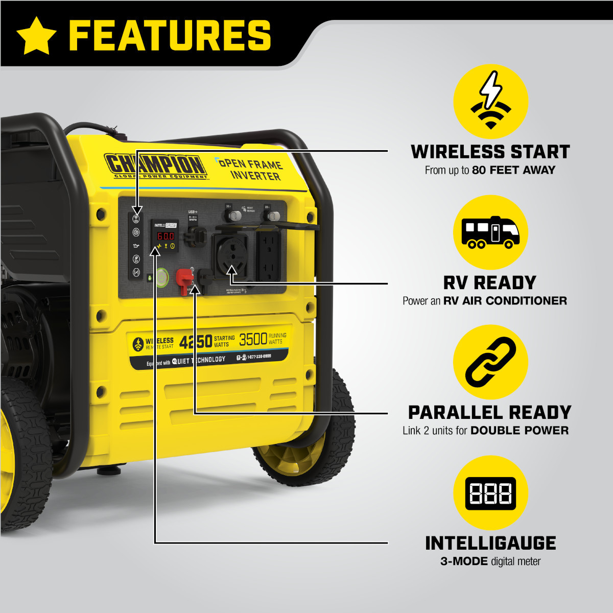 Champion 3500 Watt 4250 Max Watts Remote Start Inverter Generator | 200913