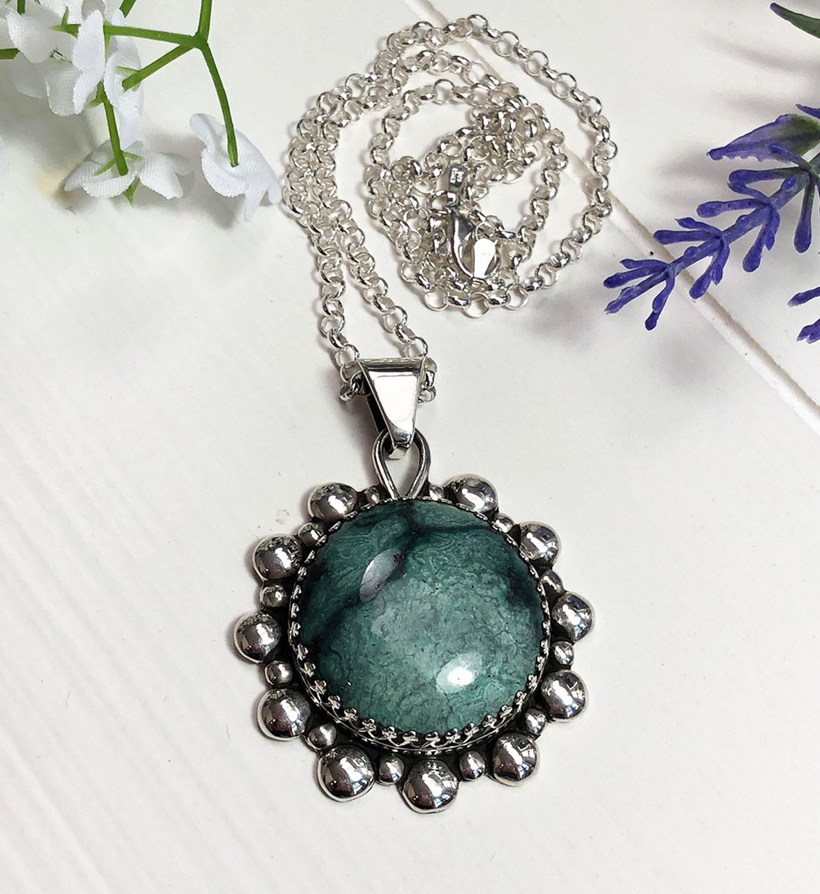 Natural Damele Variscite and Silver Pendant Necklace - Dillon & Nattarika