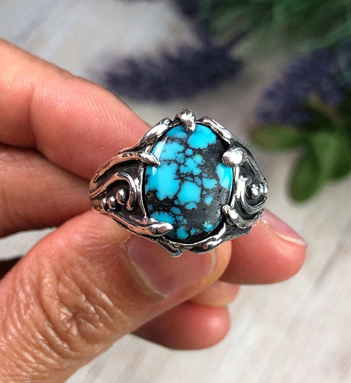 Sterling Silver Sonoran Blue Turquoise Ring Size 8.75 - Dillon & Nattarika