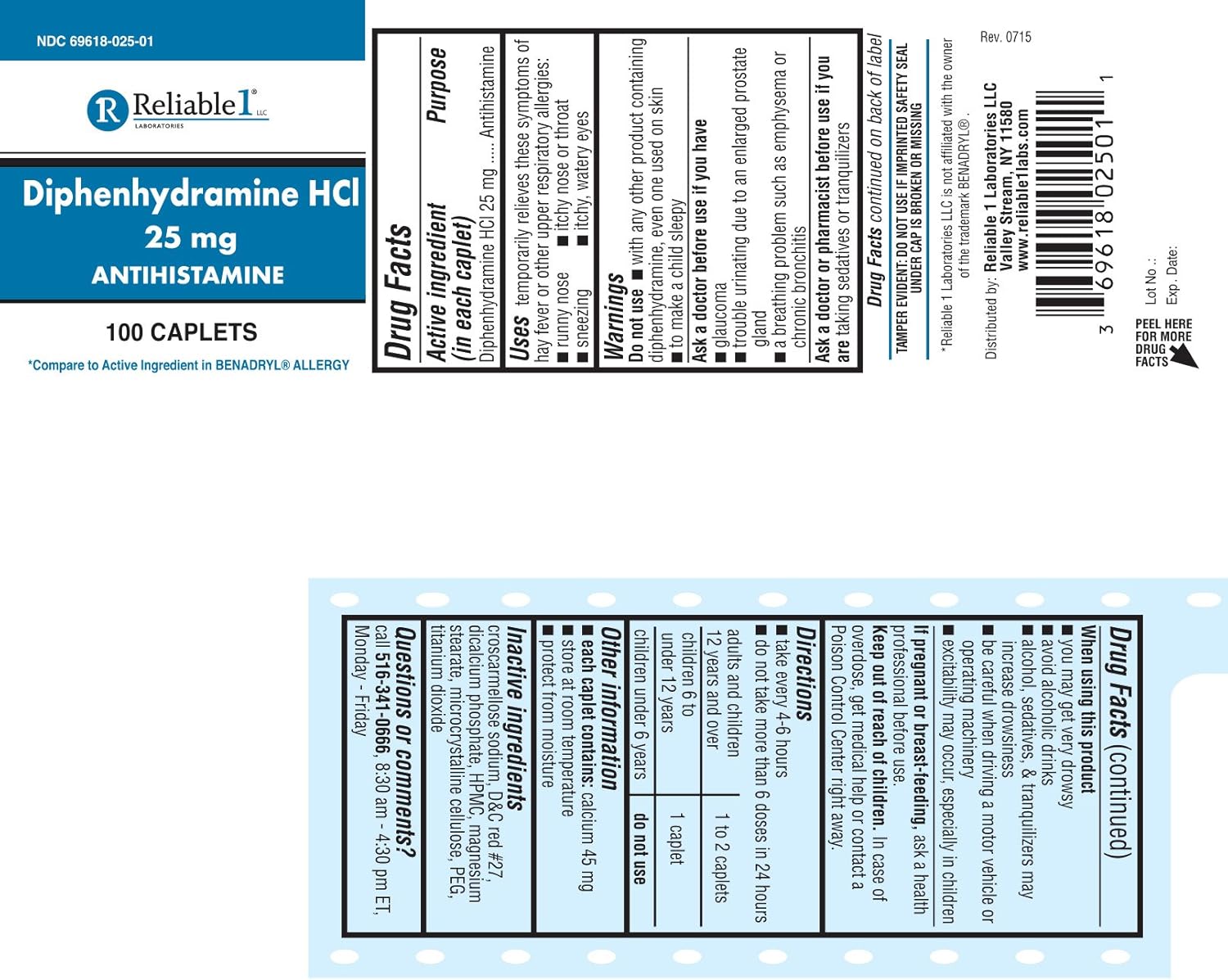 Reliable 1 Diphenhydramine HCI 25mg Antihistamine 100 Caplets (1 Bottle ...