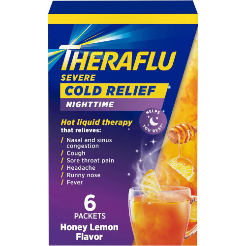 Theraflu Nighttime Severe Cold Relief, Honey Lemon Flavor - 6 ct ...
