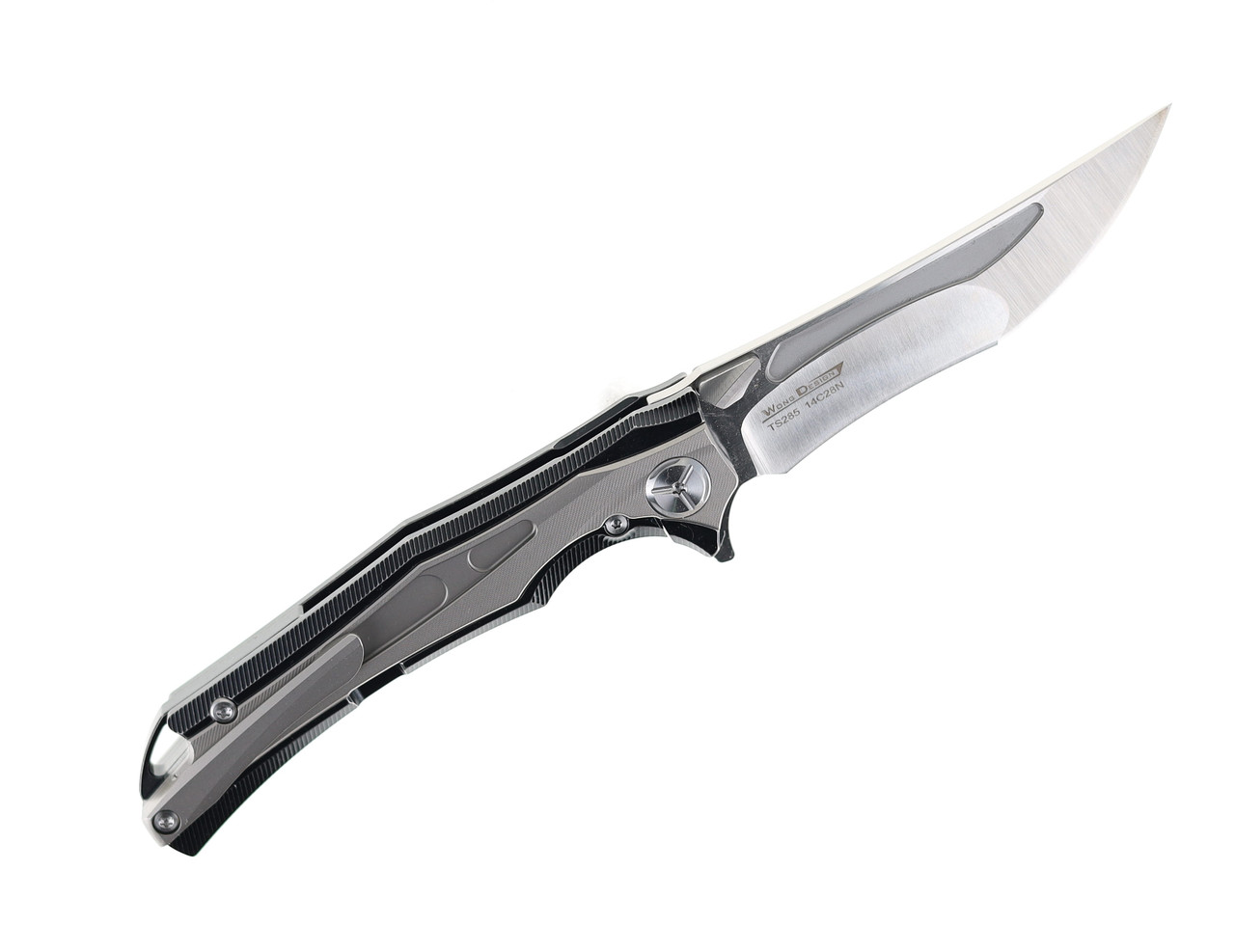Two Sun Folding Knife Gray/Black Titanium Handle 14C28N Plain Edge TS285