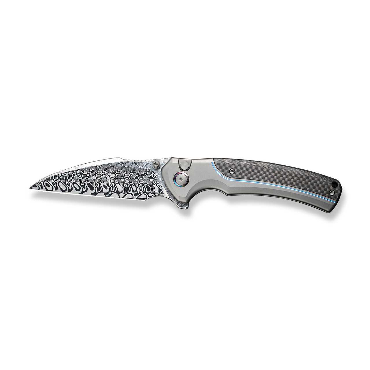 WE Ziffius Folding Knife Gray/Blue Titanium/Twill Carbon Fiber Inlay ...