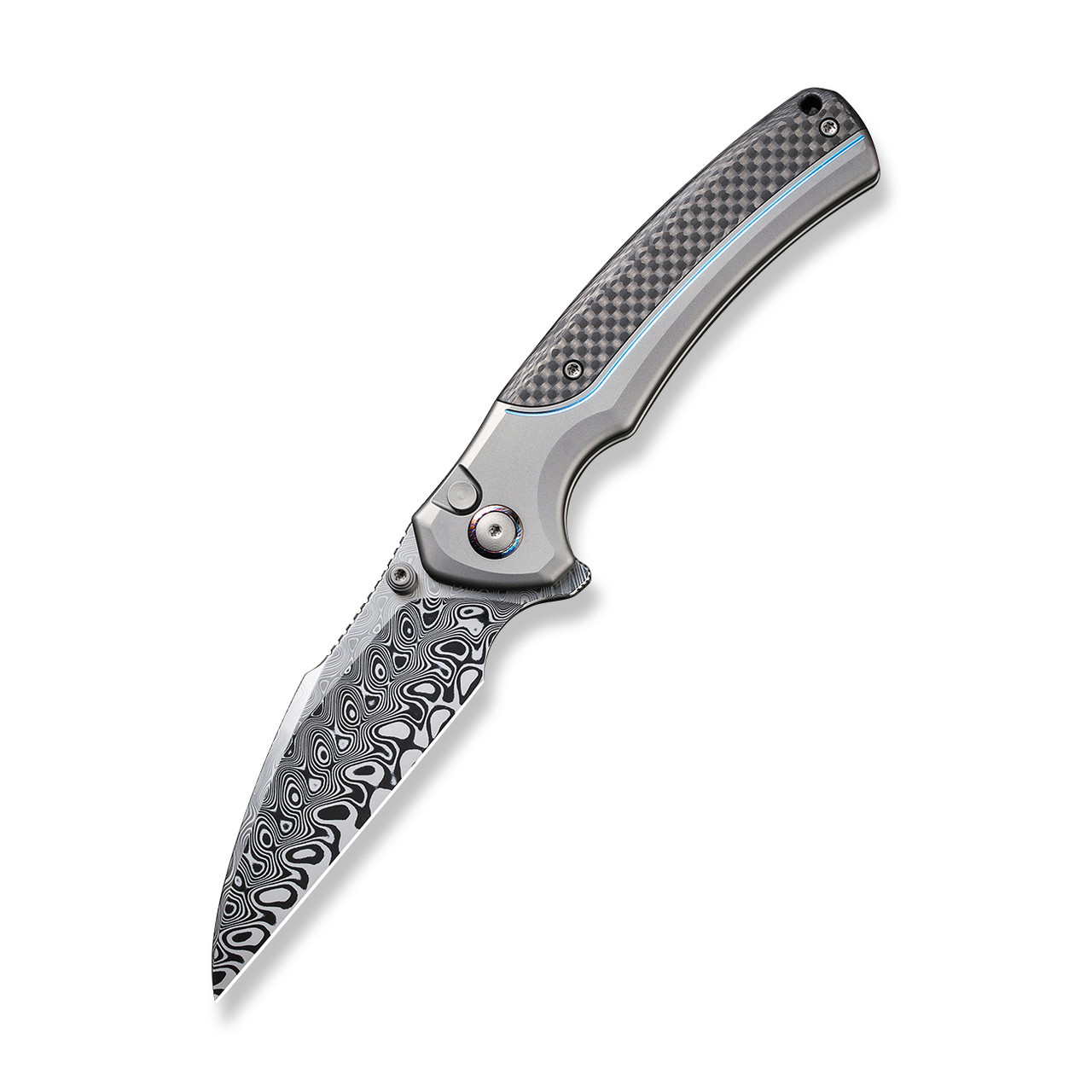 WE Ziffius Folding Knife Gray/Blue Titanium/Twill Carbon Fiber Inlay ...