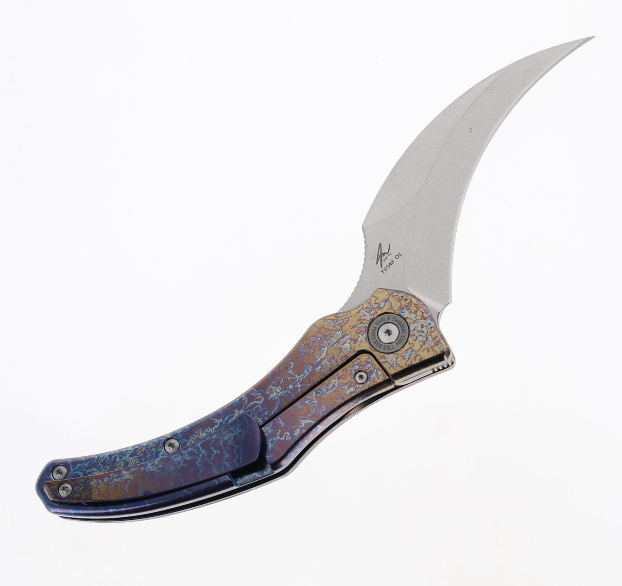 Two Sun Folding Knife Titanium/Linen Micarta Handle D2 Clip Point Plain ...