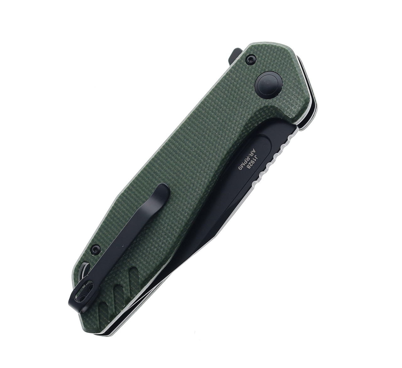 CJRB Riff Button Lock Folding Knife Green Micarta Handle AR-RPM9 Clip Point Plain Black Blade ...