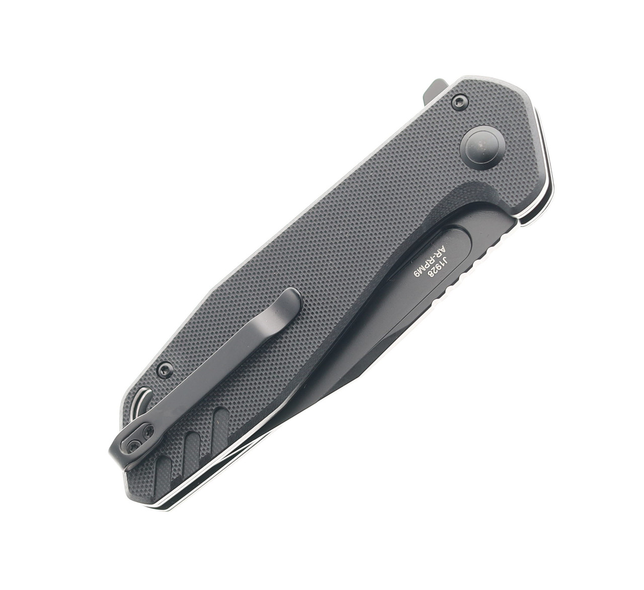 CJRB Riff Button Lock Folding Knife Black G10 Handle AR-RPM9 Drop Point Plain Black Blade J1928-BBK