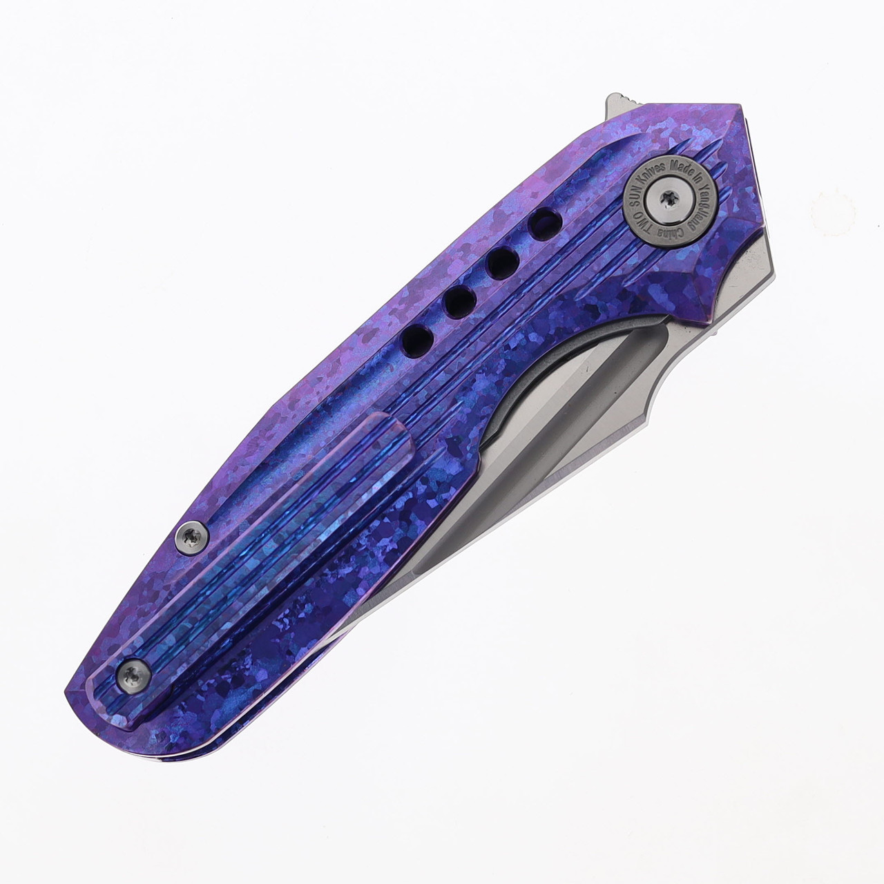 Two Sun Folding Knife Blue Crystallized Titanium Handle M390 Plain Edge ...