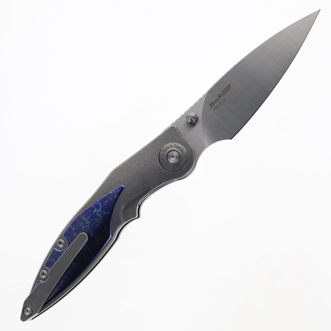 Two Sun Folding Knife Blue/Black Titanium Handle D2 Plain Edge TS413