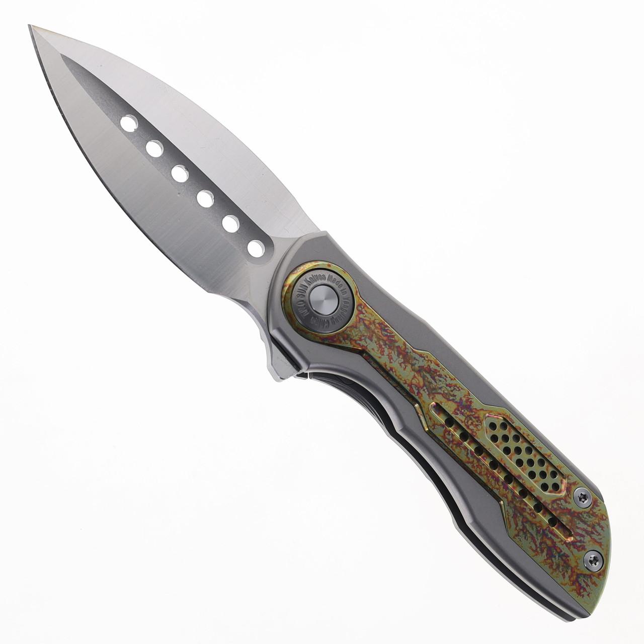Two Sun Folding Knife Gold/Color Titanium Handle 14C28N Plain Edge ...