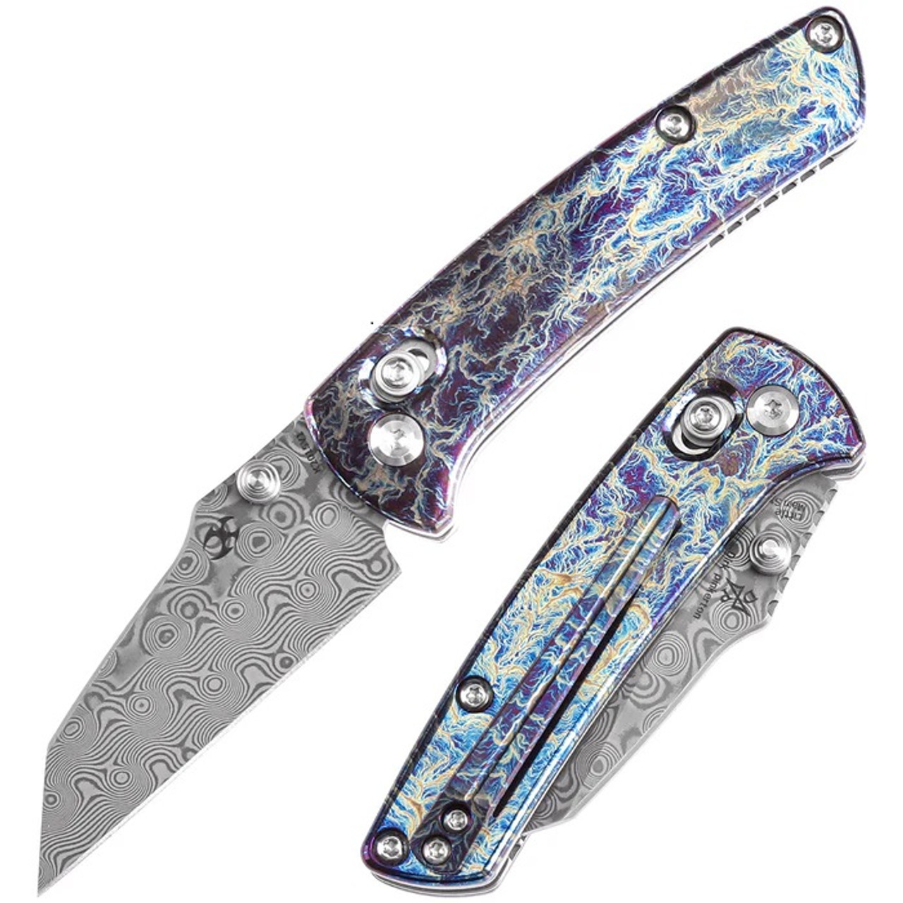 Kansept Little Main Street Folding Knife Lightning Strike Titanium Handle Damascus Plain Edge ...