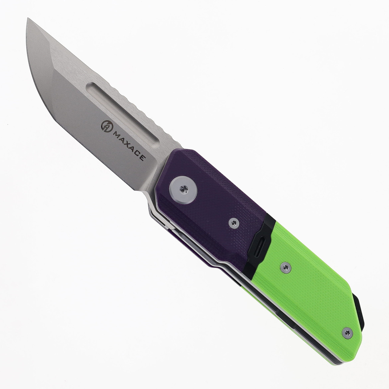 Maxace Capsul Pocket Knife Black & Green G10 Handle Front Flipper MMM27-2-B