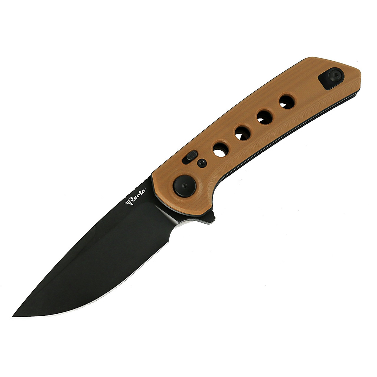 Reate PL-XF Folding Knife Tan G10 Handle Nitro-V Plain Black Blade