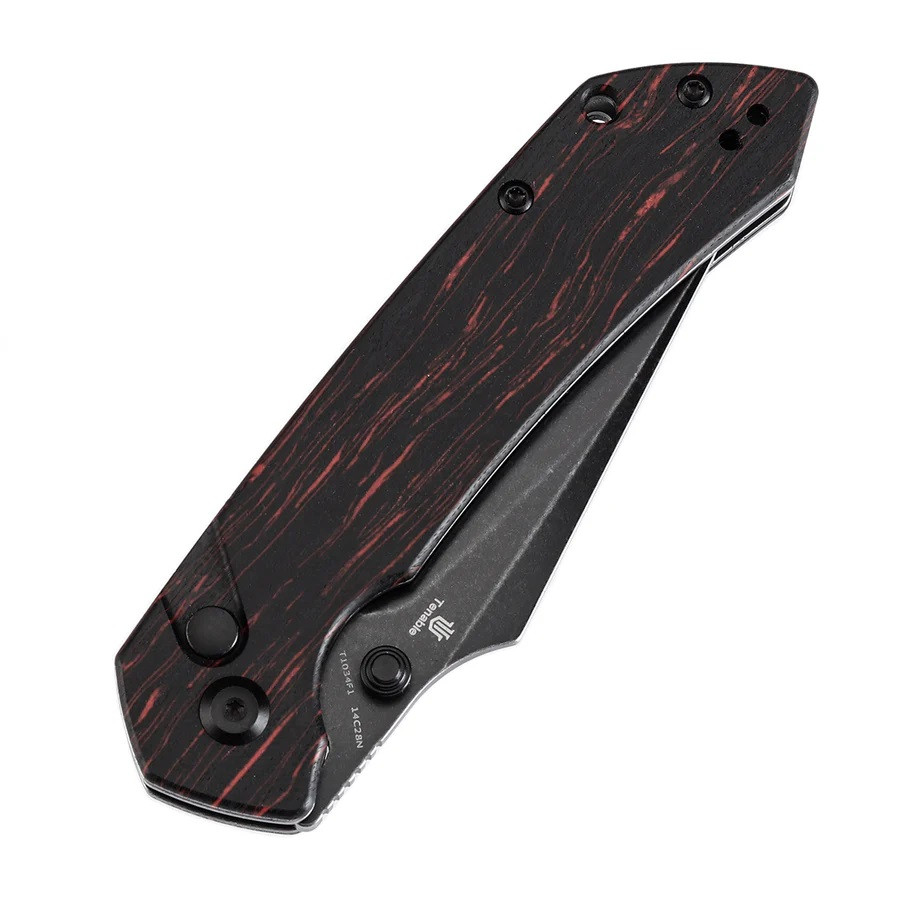 Tenable Fenrir Button Lock Folding Knife Black/Red Gmascus Handle 14C28N Harpoon Plain Black ...