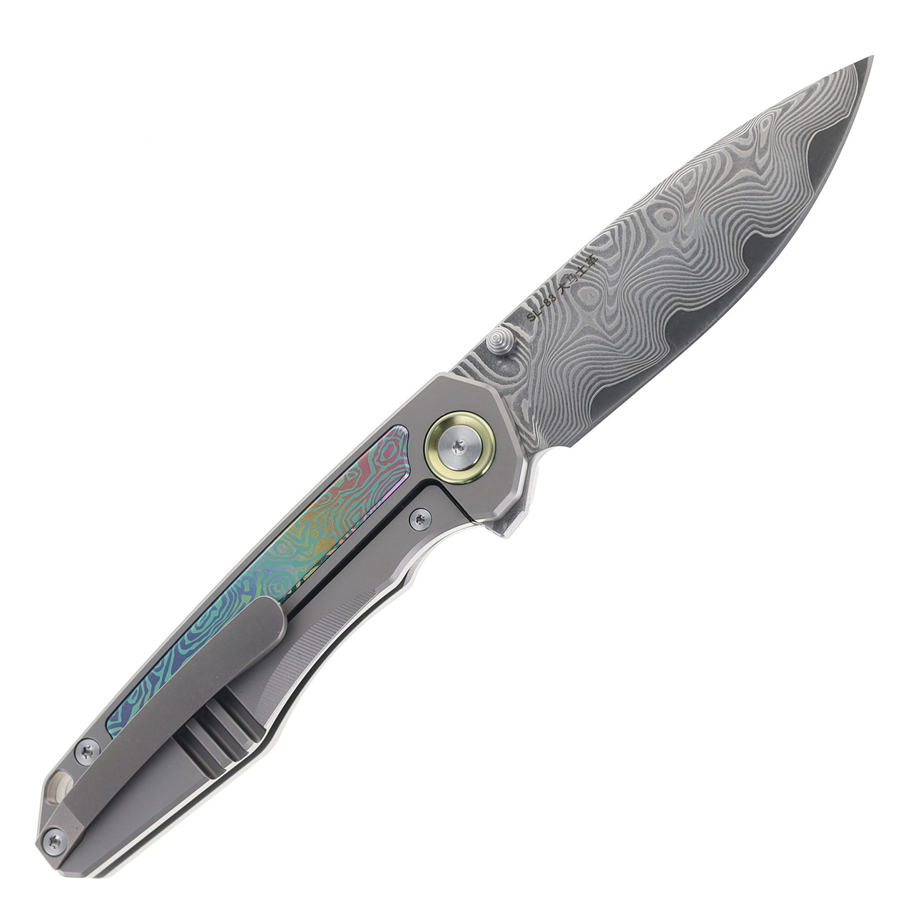 SixLeaf Folding Knife Color Titanium/Yellow Handle Damascus Plain Edge