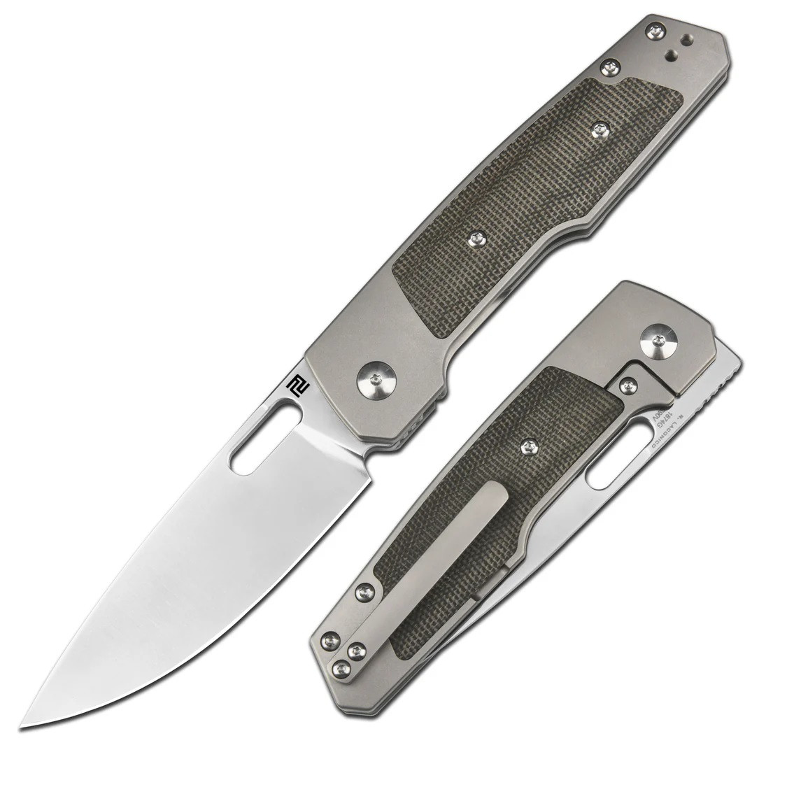 Artisan Rugged Rook Folding Knife Gray Titanium/ODG Green Micarta ...